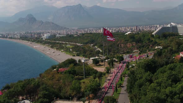 Antalya City And Beach With Turkey And Antalya Flags Aerial View, Stock ...