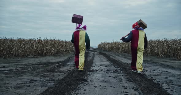 Two Scary Clowns Are Walking Along A Corn Path, Stock Footage | VideoHive