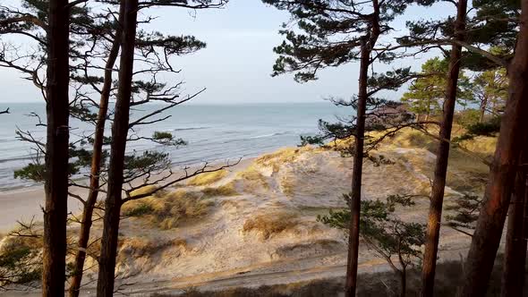 Aerial view of Baltic sea coastline at Bernati beach in Latvia, flying ...