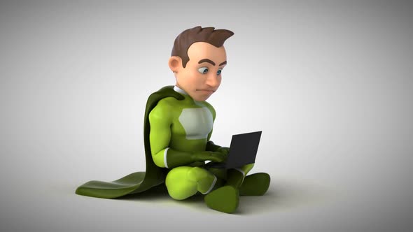 Fun 3D cartoon superhero typing on a laptop, Motion Graphics | VideoHive