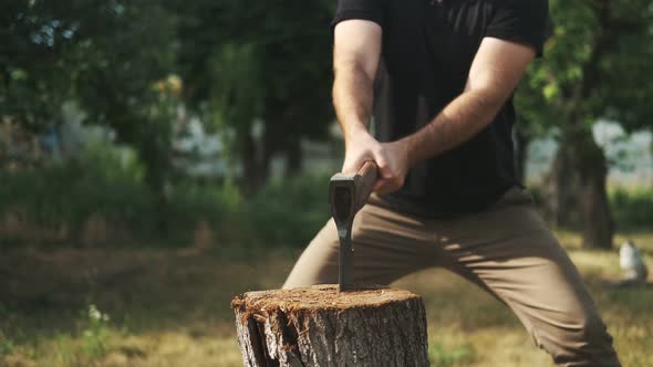 Close-up guy chopping wood with an ax on a log. Spreads the shavings ...