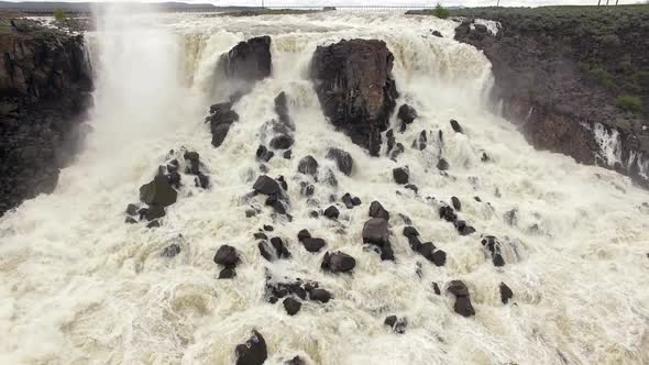 Aerial view of huge overflow waterfall at Magic Reservoir, Stock Footage