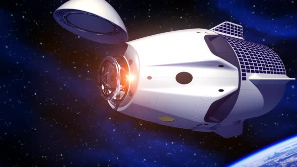 Commercial Spacecraft Orbiting Earth And Opens Docking Hatch, Motion ...