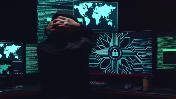Asian Hacker Upset With Lock Key On Computer Screen, Stock Footage