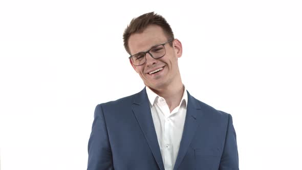 Handsome Happy Office Worker Businessman in Blue Suit and Glasses ...