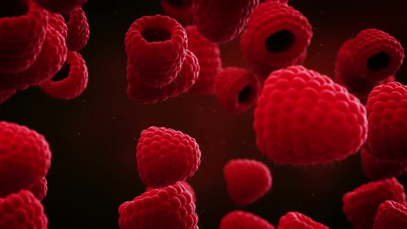 Slow motion animation of delicious raspberries falling down. Loopable ...