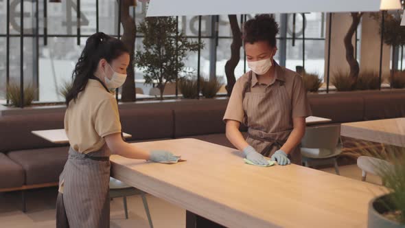 Women Cleaning Cafe Table Smiling, Stock Footage | VideoHive