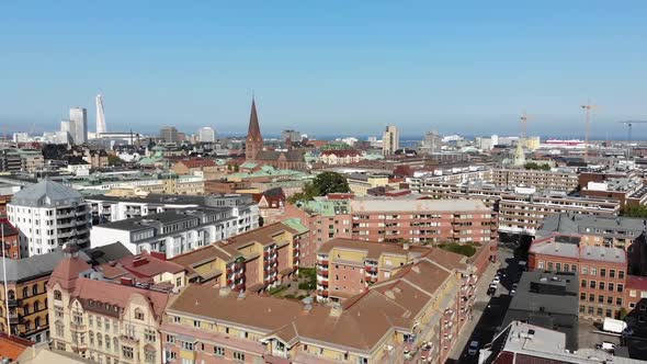 Arial view of Malmö, Sweden. Drone flying sideways and upwards. Famous ...