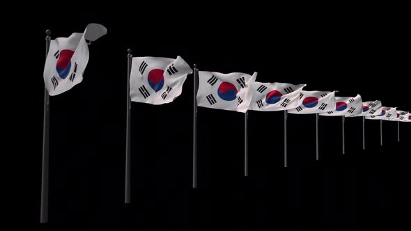 Row Of South Korea Flags With Alpha 2K, Motion Graphics | VideoHive