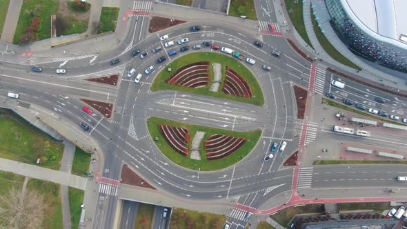 Drone over Grunwaldzkie roundabout in Krakow, Poland, Stock Footage