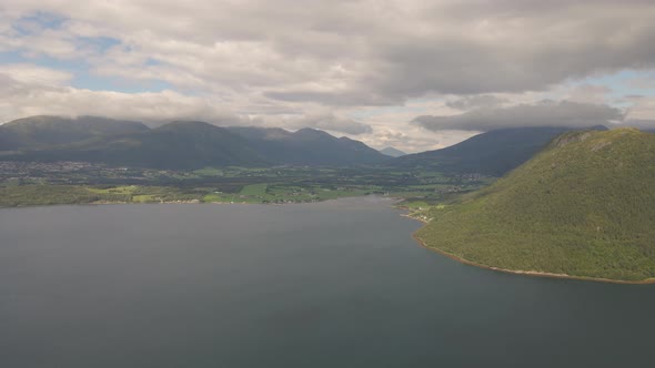 Aerial View Of Haroy Fjord With Scenic Mountain Views In Norway., Stock ...
