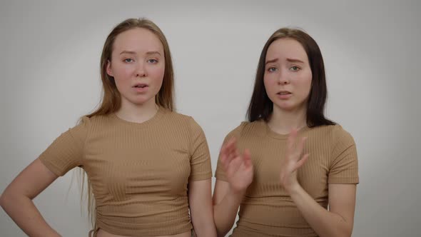 Identical Twin Sisters Arguing Gesturing Talking Blaming Each Other ...
