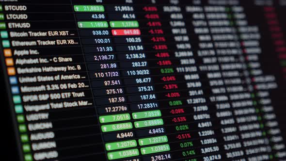 Tables with data and stock prices. Online trading. Stock exchange ...