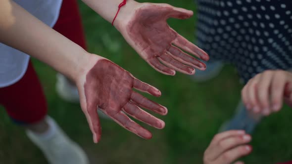Closeup Unrecognizable Children Stacking Colorful Hands in Slow Motion ...