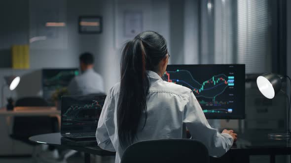 Back View of Office Worker Analyze Graphs on Computer Screen, Stock Footage