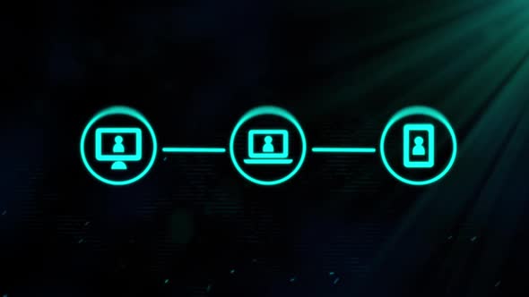 Animation of three green digital computer interface icons on glowing ...