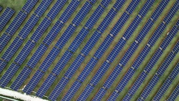 Aerial Birds Eye View Over Rows Of Photovoltaic Solar Panels Generating ...