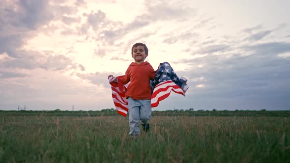 Cute Little Boy American Patriot Kid Running with National Flag on Open ...