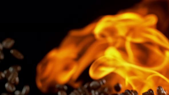 Super Slow Motion Shot of Coffee Beans and Flames After Being Exploded ...