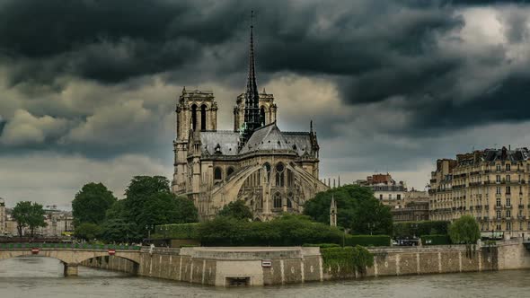 East Side of Notre-Dame De Paris Under Dark Overcast Sky, Gothic ...