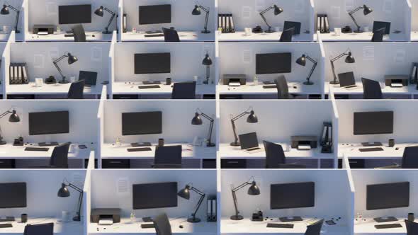 Row of endless cubicles in white, modern office space. Contemporary ...