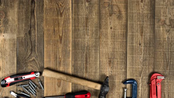 Animation of Repair Tools on Wooden Table for Brand Logo on White Sheet ...