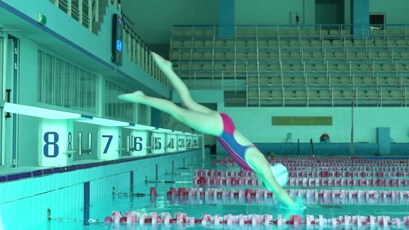 Teenager Girl Swimmer Dive In Swimming Pool. Female Swimmer Dives in ...