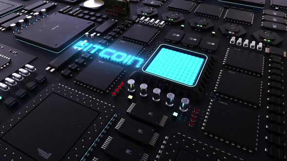 bitcoin header on the background of microprocessors on a circuit board ...