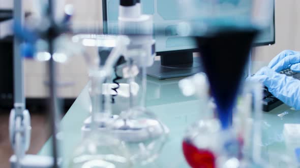 Dolly Shot of Modern High End Laboratory Elements, Tubes and Colored ...