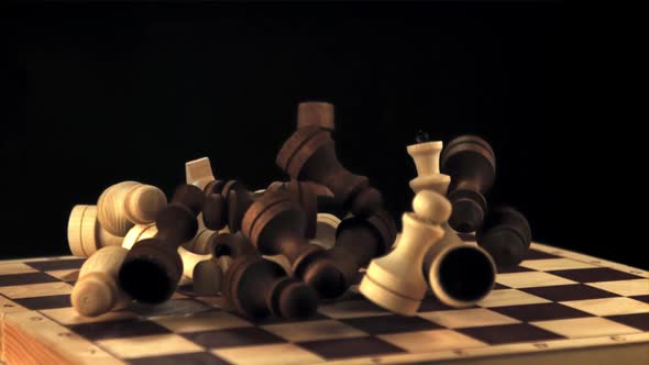 Super Slow Motion Chess Pieces Fall on the Chessboard, Stock Footage