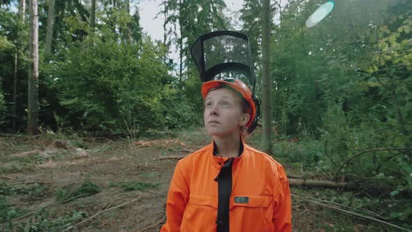 Portrait of a Woman Logger Standing in the Forest a Young Specialist ...