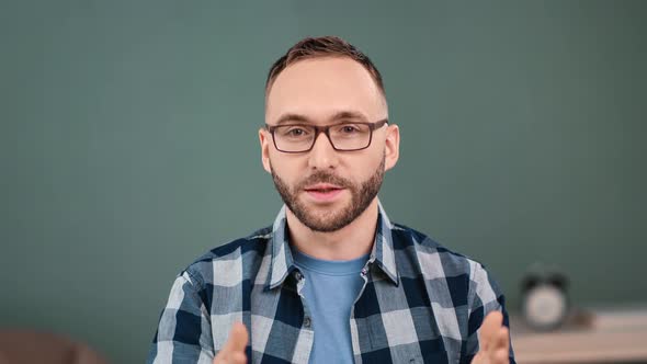 Portrait of Man Blogger Talking Gesticulating Conversation, Stock Footage
