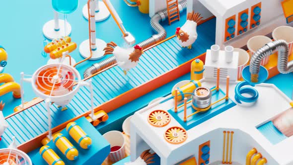 Colourful animation of preparation fried chicken. Fast-food production ...