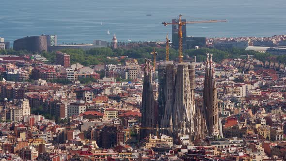 Timelapse scenery with the town near the sea and cloudy sky, Barcelona ...