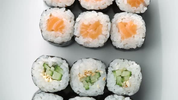 Fresh Sushi Roll Set Rotating. Typical Japanese Food, Dish Consisting ...