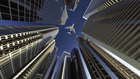 A plane flying over tall buildings, Motion Graphics | VideoHive