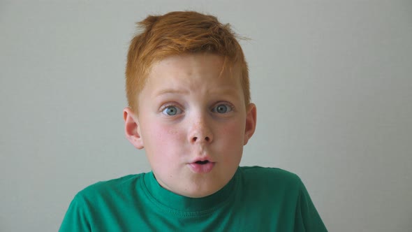 Close Up of Adorable Red-haired Boy Grabbing His Head and Showing Joy ...