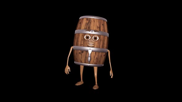 Cartoon Wooden Barrel Looks Around Loop On Alpha Channel, Motion Graphics