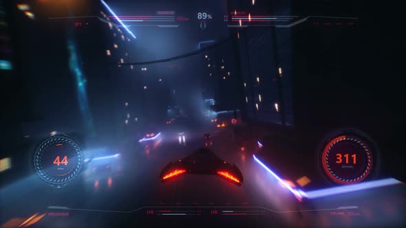 Speed spaceship racing 3D Video game with HUD, Neon style city, Motion ...