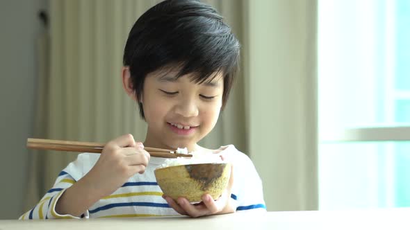 Cute Asian Boy Eating Rice With Chopsticks, Stock Footage | VideoHive