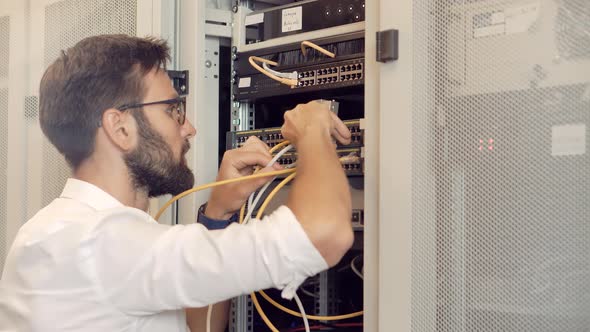 Connecting Lan Cable To Mainframe.IT Engineer Patching Network ...