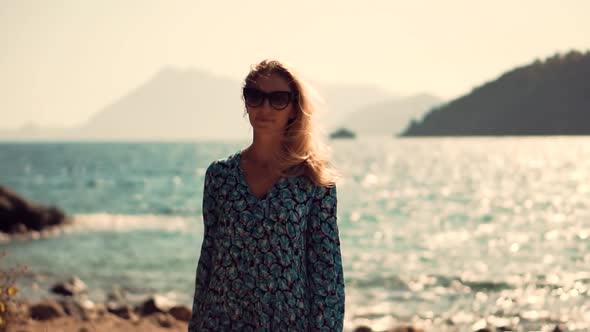 Girl In Dress Enjoying In Good Mood Wanderlust. Happiness Girl ...