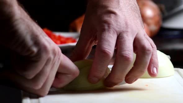 Chopping an onion in fine brunoise. Close shot., Stock Footage | VideoHive