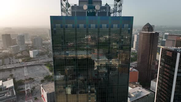 Renaissance Tower in downtown Dallas Texas. Rising aerial reveal during ...