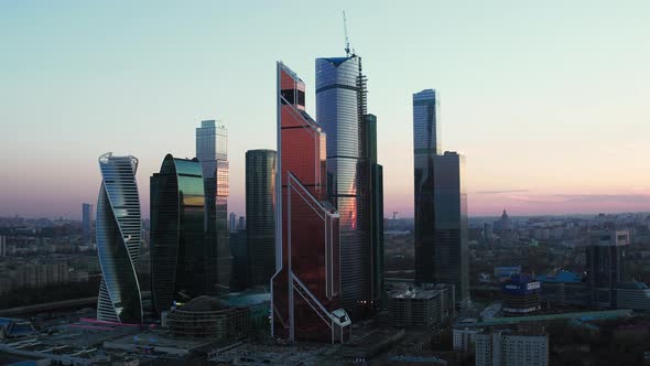 Aerial Evening Cityscape with Moscow Downtown, Russia, Stock Footage