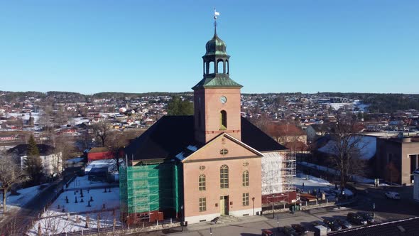 Kongsberg church Norway - Aerial showing front facade of building while ...