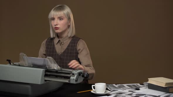 Portrait of Young Female Stenographer Typing Prohibited Information or ...