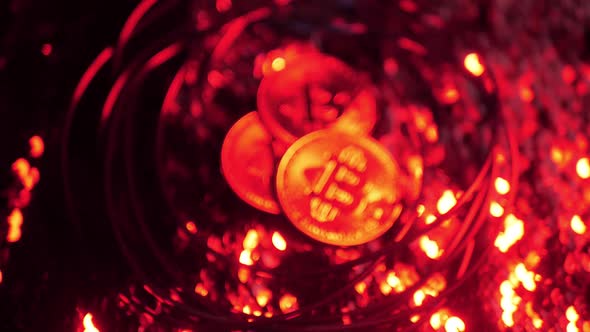 Red Bitcoin Coin is Connected to the Internet By Blue Flashing Wire ...