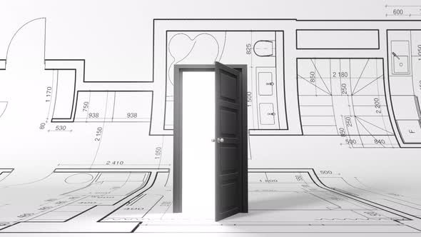 Opening door against paper project and sketch design of the new house ...