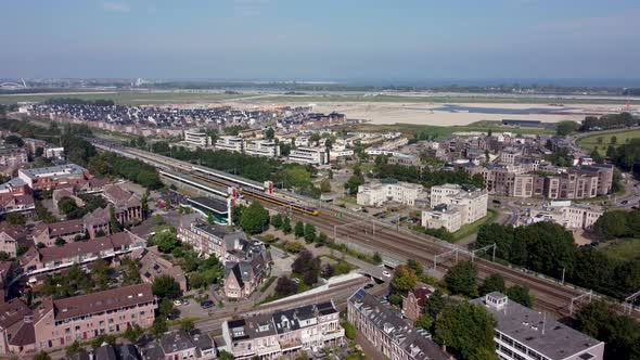 Railway station in the city of Weesp, aerial, Stock Footage | VideoHive